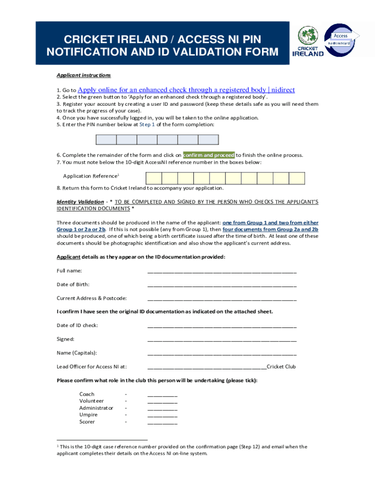 Fillable Online ACCESS NI PIN NOTIFICATION AND ID VALIDATION FORM ...