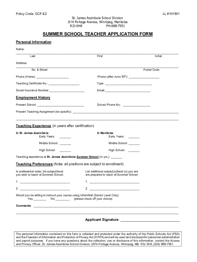 Fillable Online GCF-E-2 Summer School Teacher Application Form.docx Fax Email Print - pdfFiller