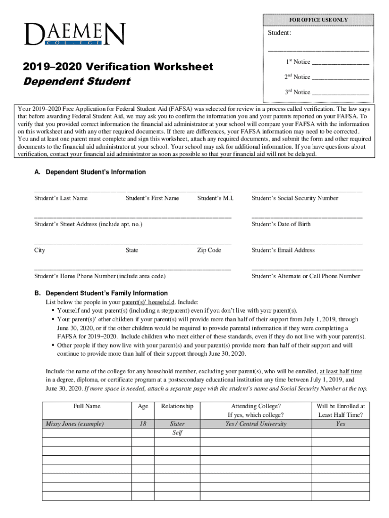 Fillable Online 20192020 Verification Worksheet - Daemen University Fax Email Print - pdfFiller