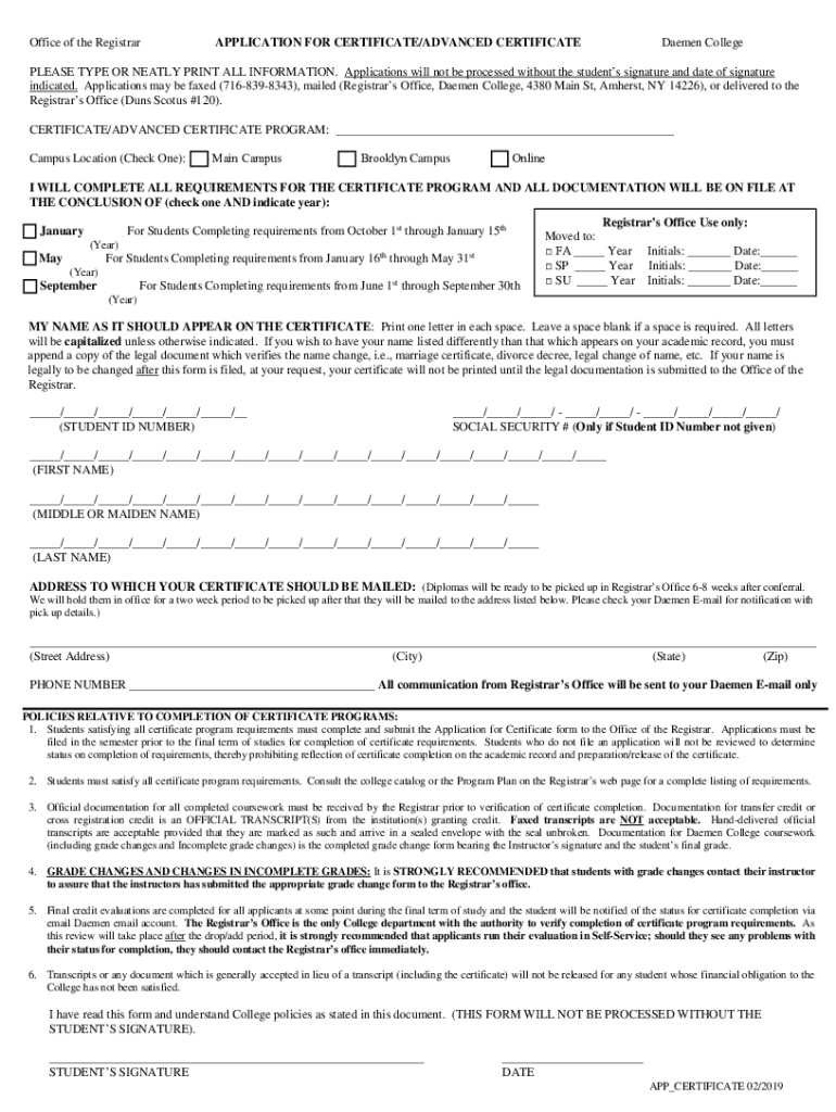 Fillable Online APPLICATION FOR CERTIFICATE/ADVANCED CERTIFICATE Fax ...