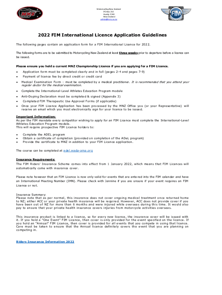 Fillable Online 2022 FIM International Licence Application Guidelines ...