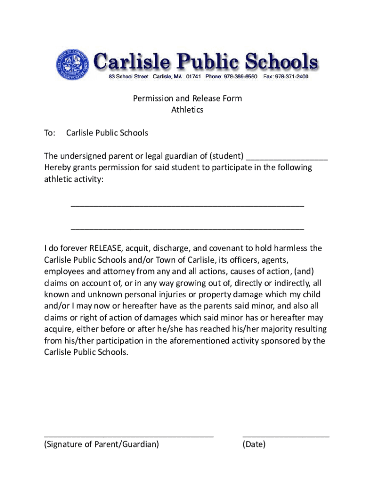 Fillable Online Permission and Release Form - Carlisle Public Schools ...