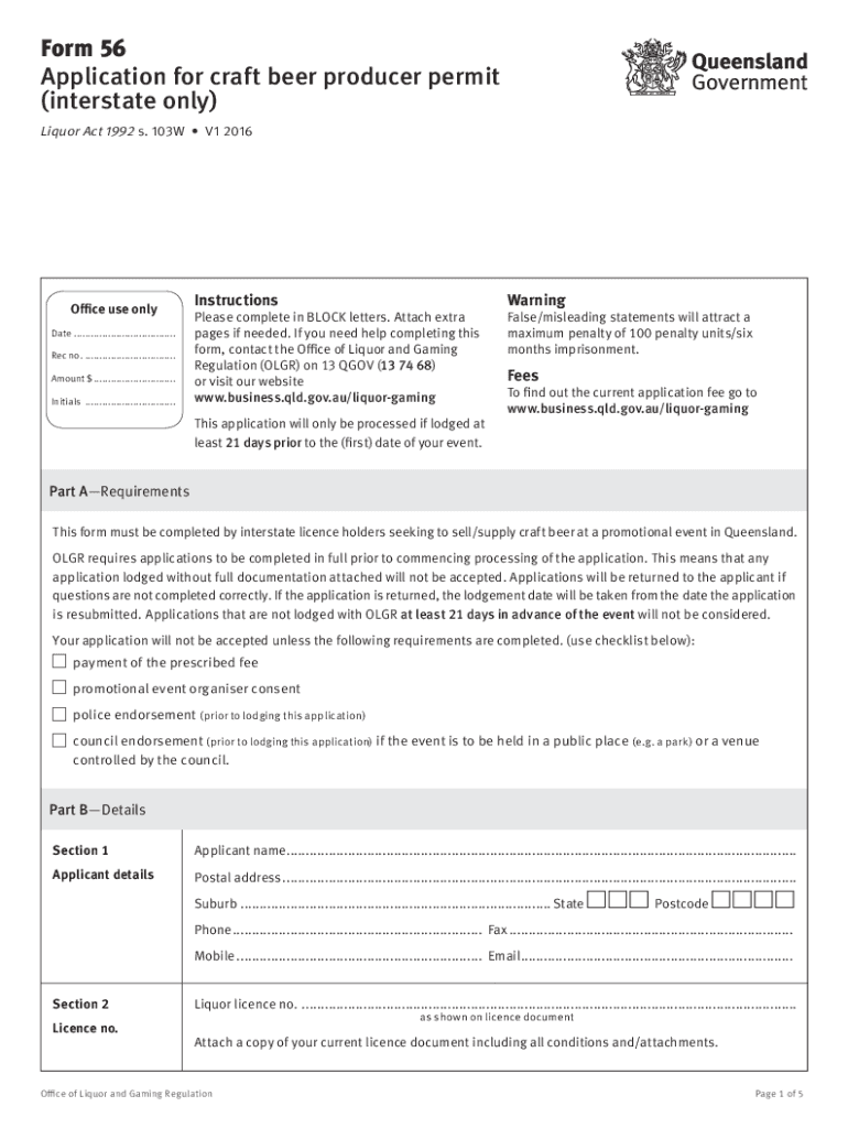 Fillable Online Form 56 Application for craft beer producer permit ...