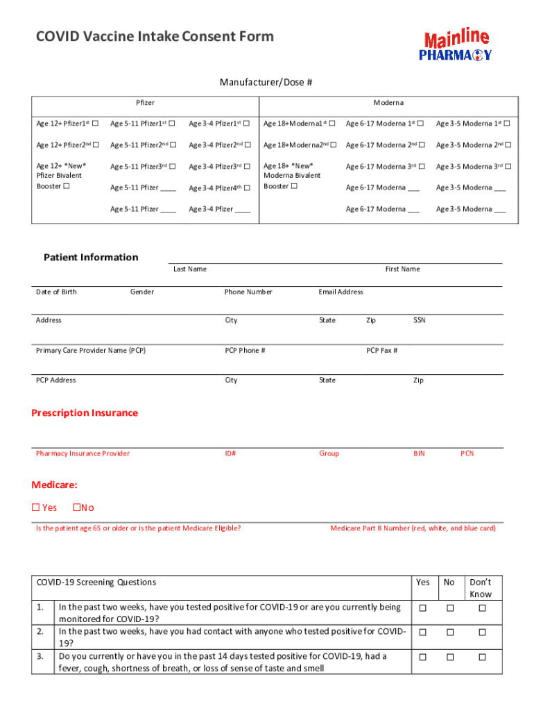 Fillable Online COVID Vaccine Intake Consent FormMainline Pharmacy Fax ...