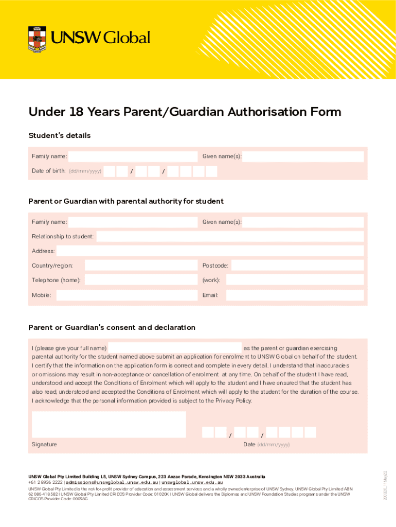 Fillable Online Under 18 Years Parent/Guardian Authorisation Form ...