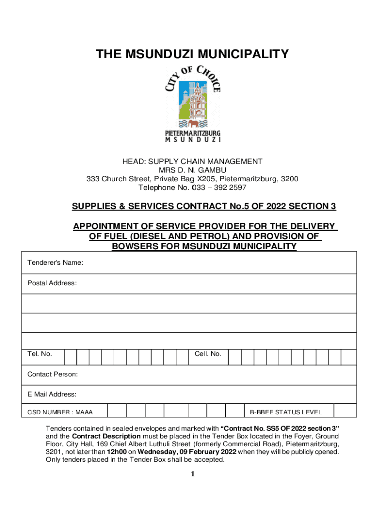 Fillable Online THE MSUNDUZI MUNICIPALITY - eTenders Portal Fax Email ...