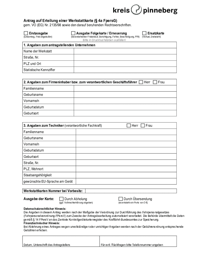 Fillable Online Antrag auf Erteilung einer Werkstattkarte gem. VO (EG 2135/98 ) Fax Email Print ...