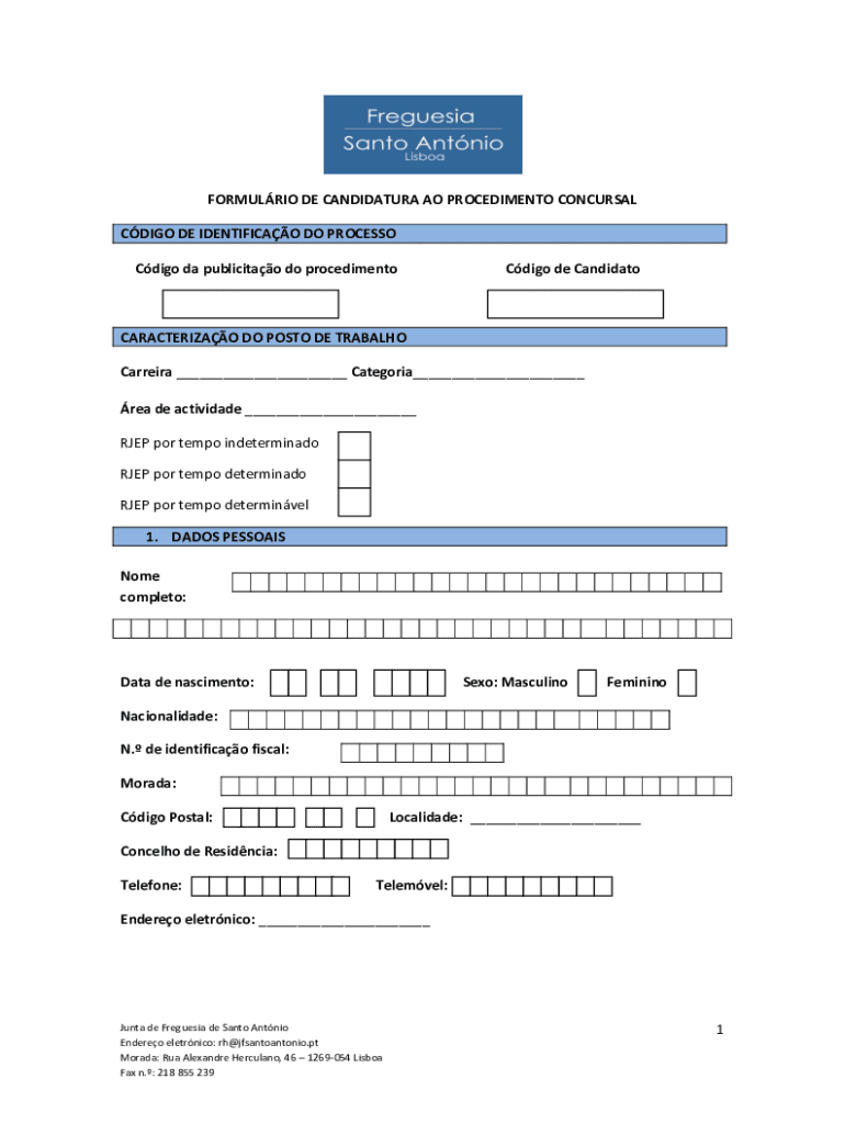 Fillable Online Requerimento de candidatura a procedimento concursal para ... Fax Email Print ...