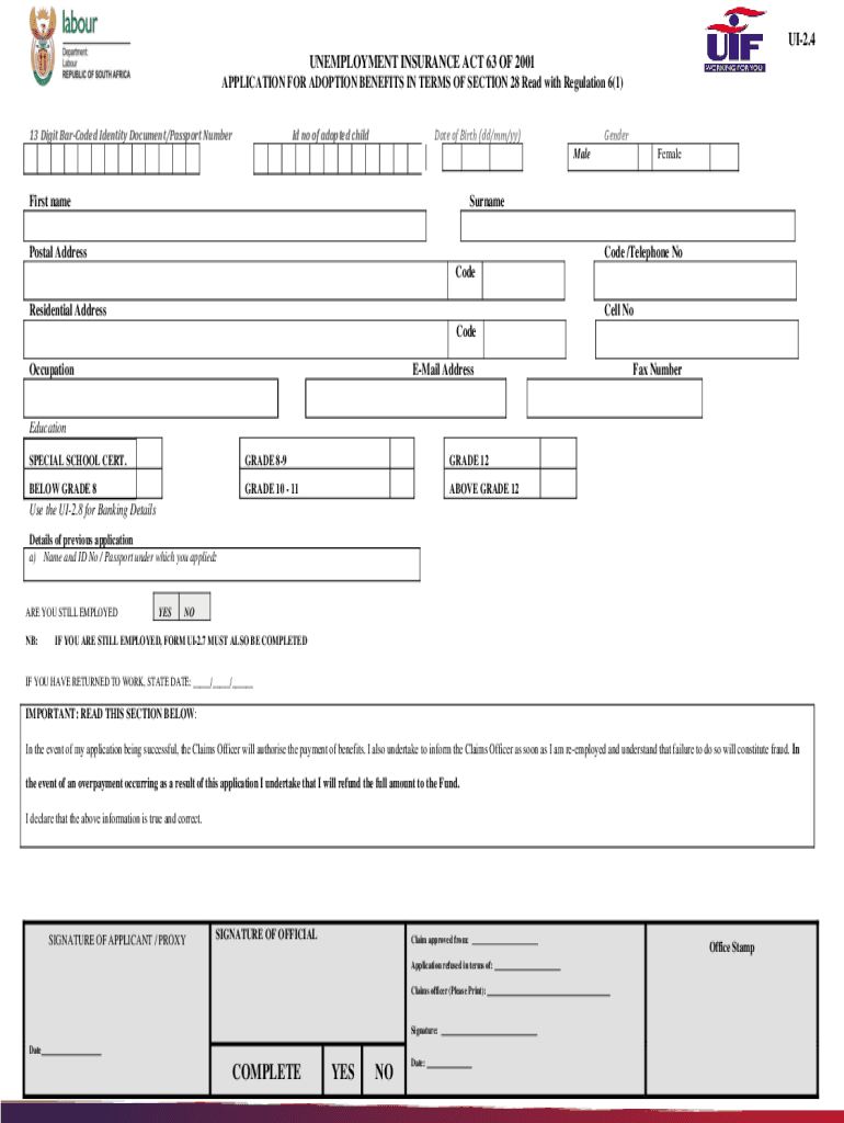 Fillable Online Form UI 2.4 - Application for adoption benefits - Pdf ...