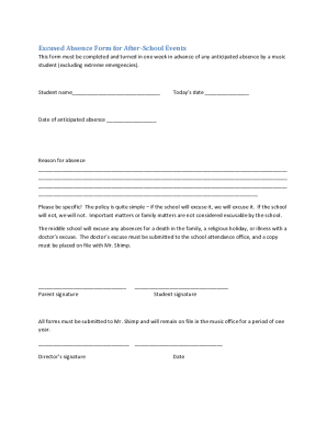 Fillable Online Excused Absence Form for After-School Events - Center ...