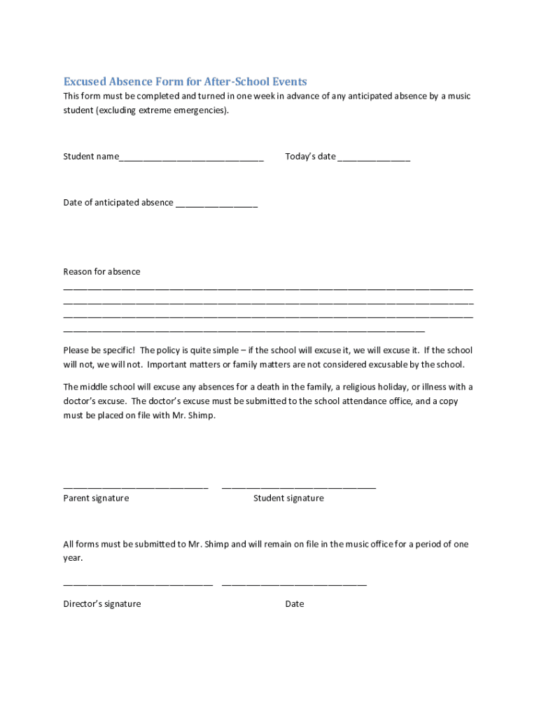 Fillable Online Excused Absence Form for After-School Events - Center Grove Fax Email Print ...