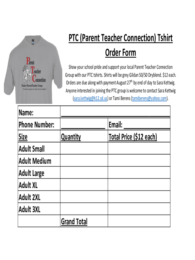 Fillable Online PTC (Parent Teacher Connection) Tshirt Order Form Fax ...