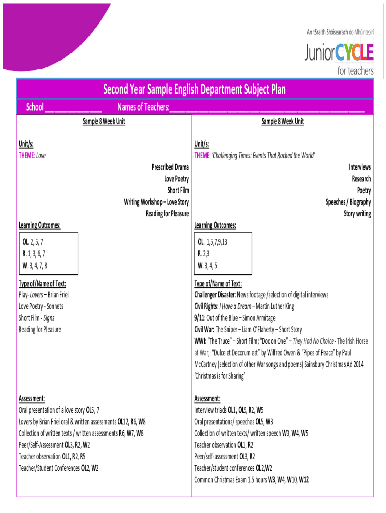 Fillable Online Second Year Sample English Department Subject PlanJCT ...