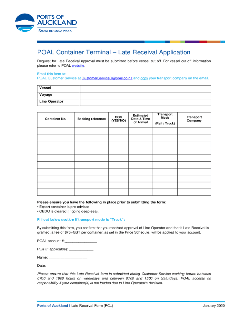 Fillable Online POAL Container TerminalLate Receival Application Fax ...