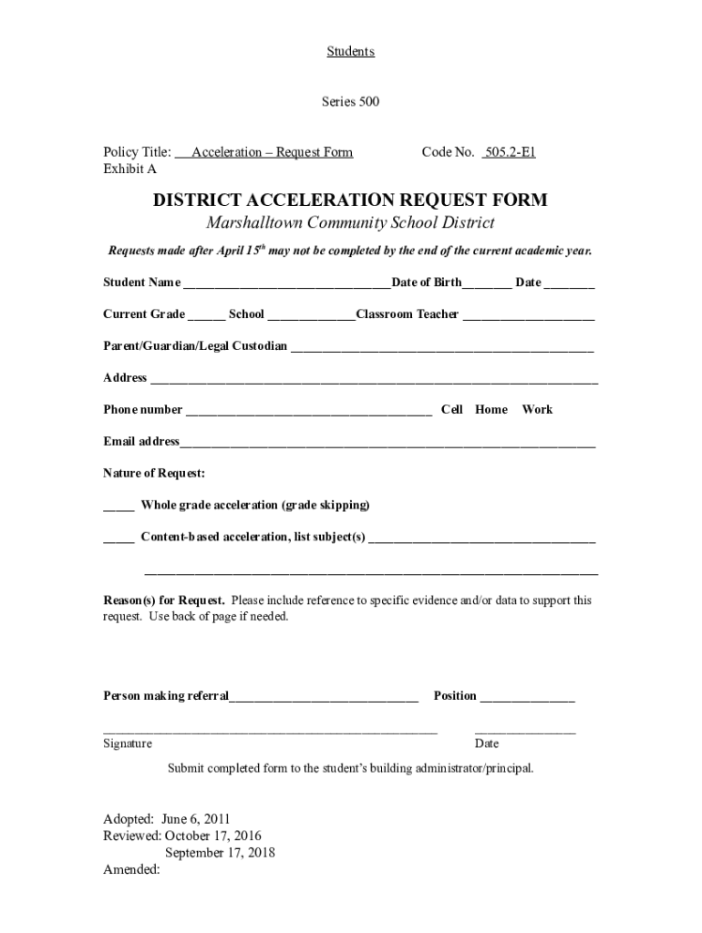 Fillable Online DISTRICT ACCELERATION REQUEST FORM Fax Email Print ...