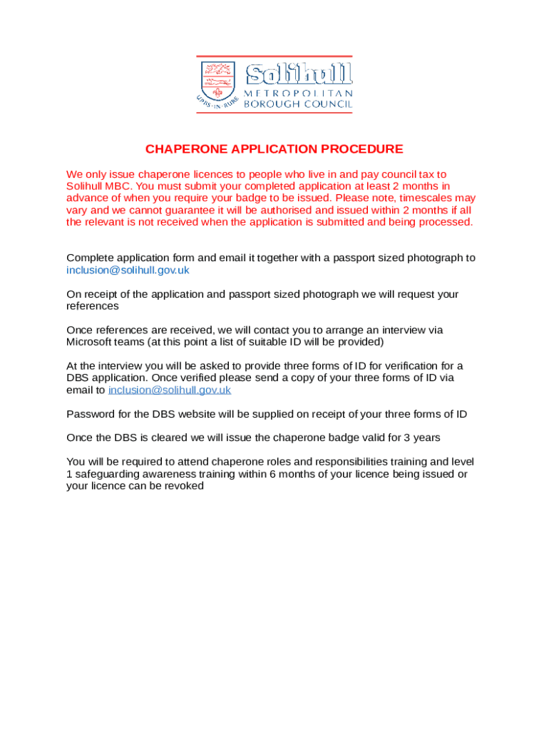 chaperone application procedure - Solihull Council Doc Template | pdfFiller