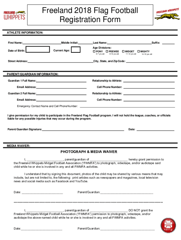 Fillable Online Freeland 2018 Flag Football Registration Form - Amazon S3 Fax Email Print ...