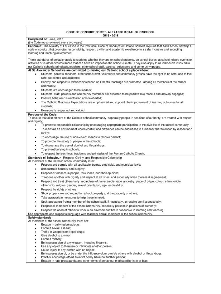 Fillable Online code of conduct for st. alexander catholic school Fax ...