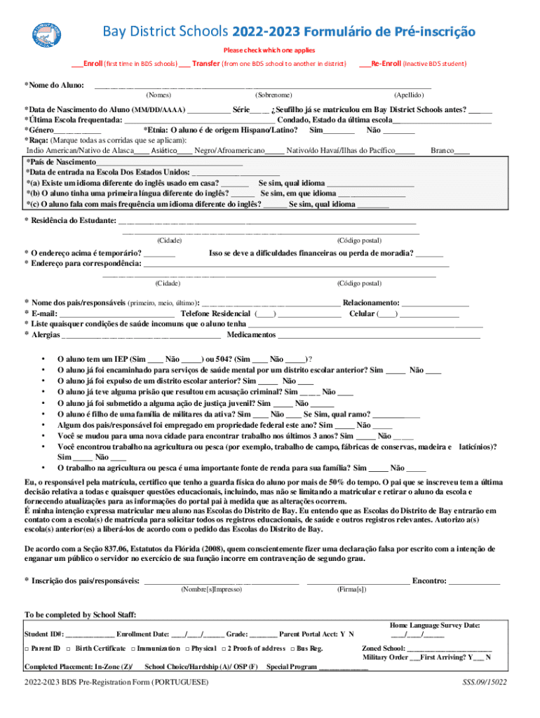 Fillable Online BDS Pre-Registration Form - Bay District Schools Fax ...