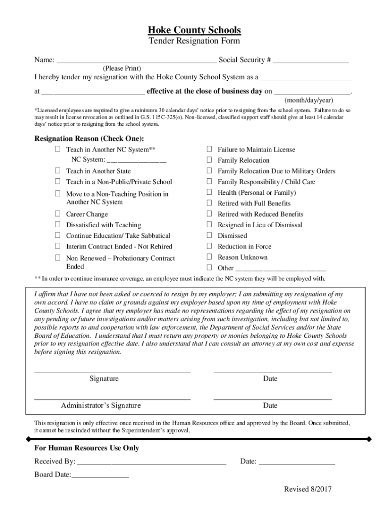 Fillable Online HCS Resignation Form.pdf - Hoke County Schools Fax Email Print - pdfFiller