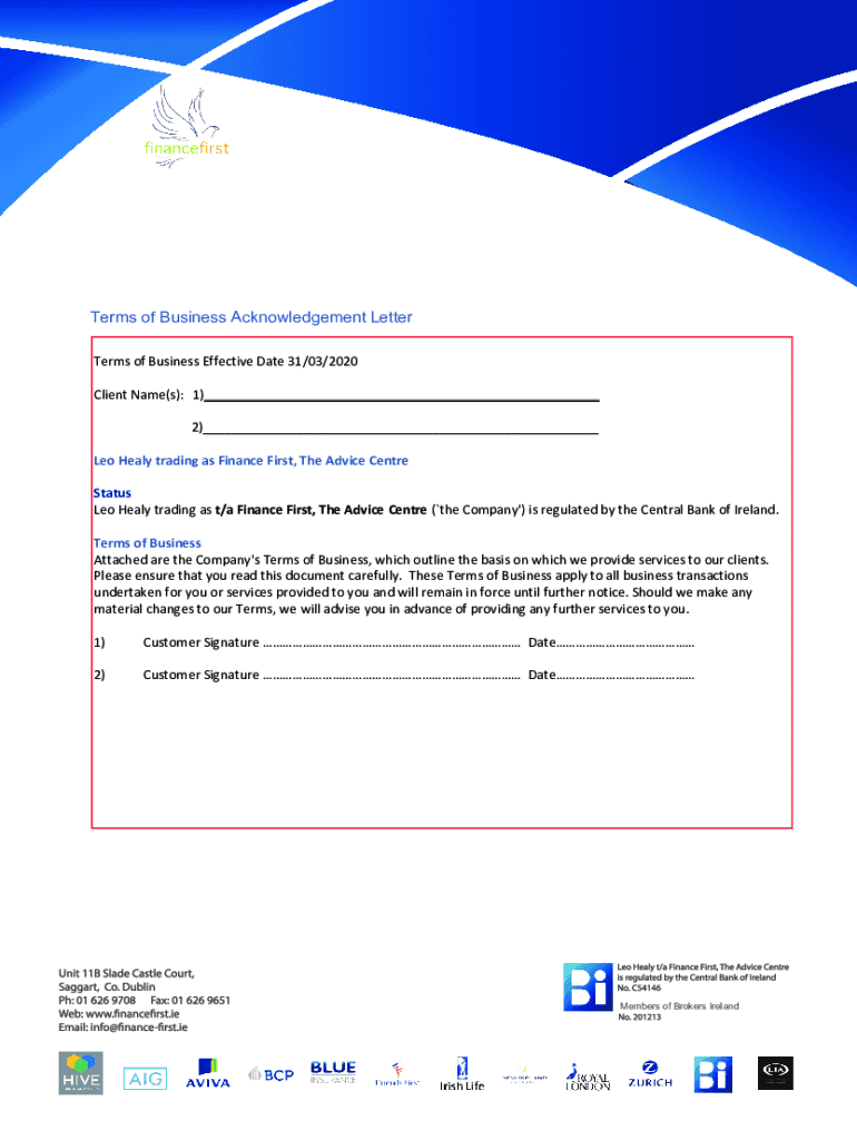 Fillable Online Terms of Business Acknowledgement Letter - The Advice ...