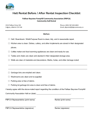Fillable Online Hall Rental Before / After Rental Inspection Checklist ...