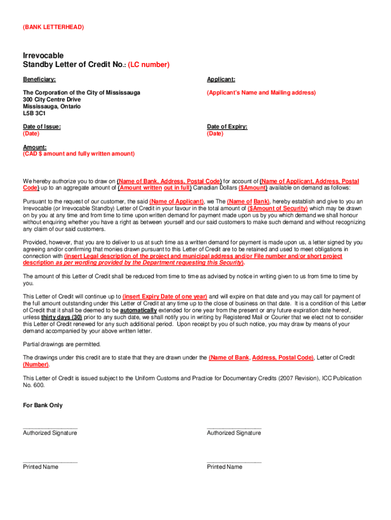 Fillable Online Sample Irrevocable Standby Letter of CreditCity of ...
