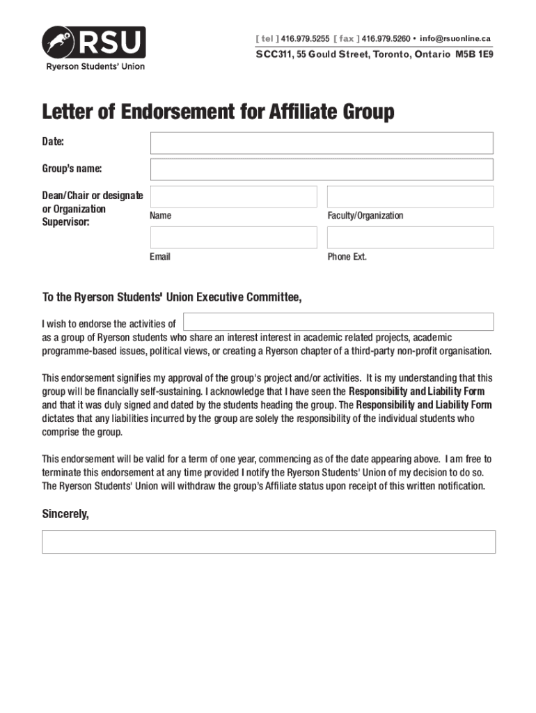 Fillable Online Letter of Endorsement for Affiliate Group - Squarespace Fax Email Print - pdfFiller