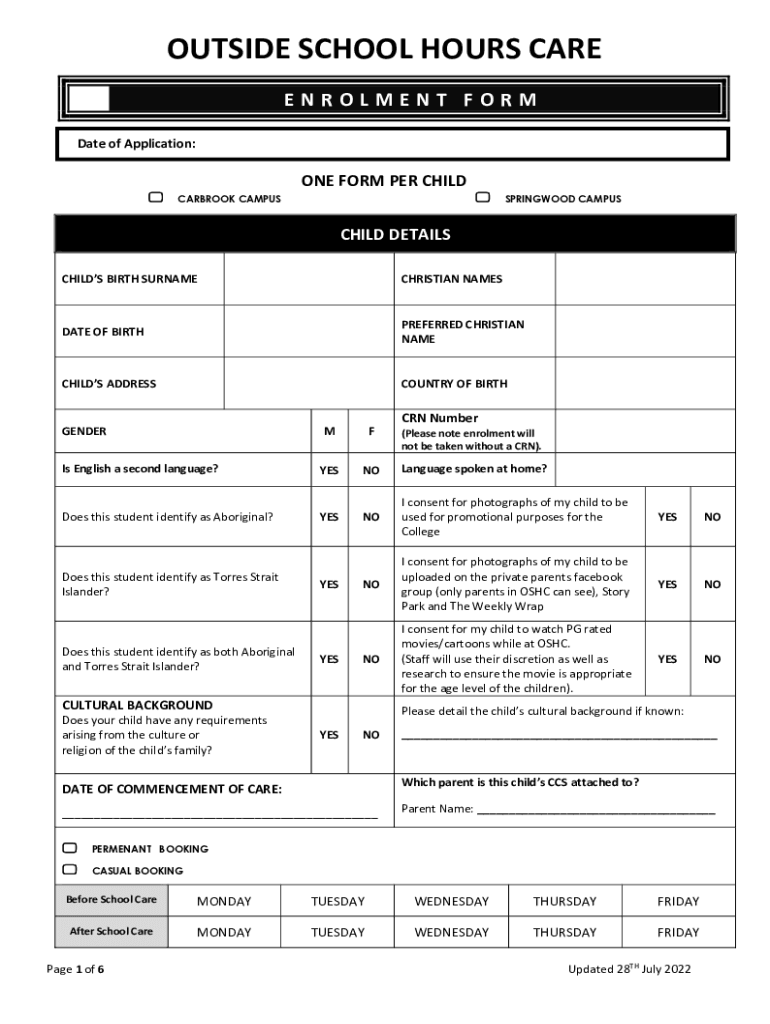 Fillable Online outside school hours care enrolment form Fax Email Print - pdfFiller
