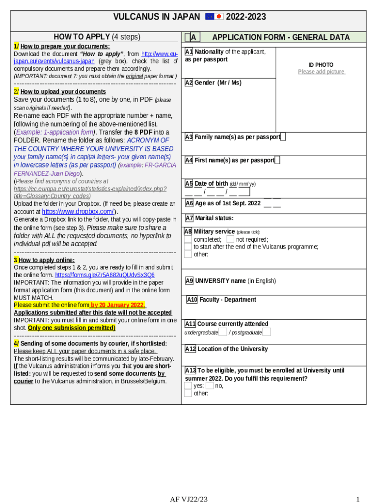 vulcanus in japan 2020-2021 application Doc Template | pdfFiller