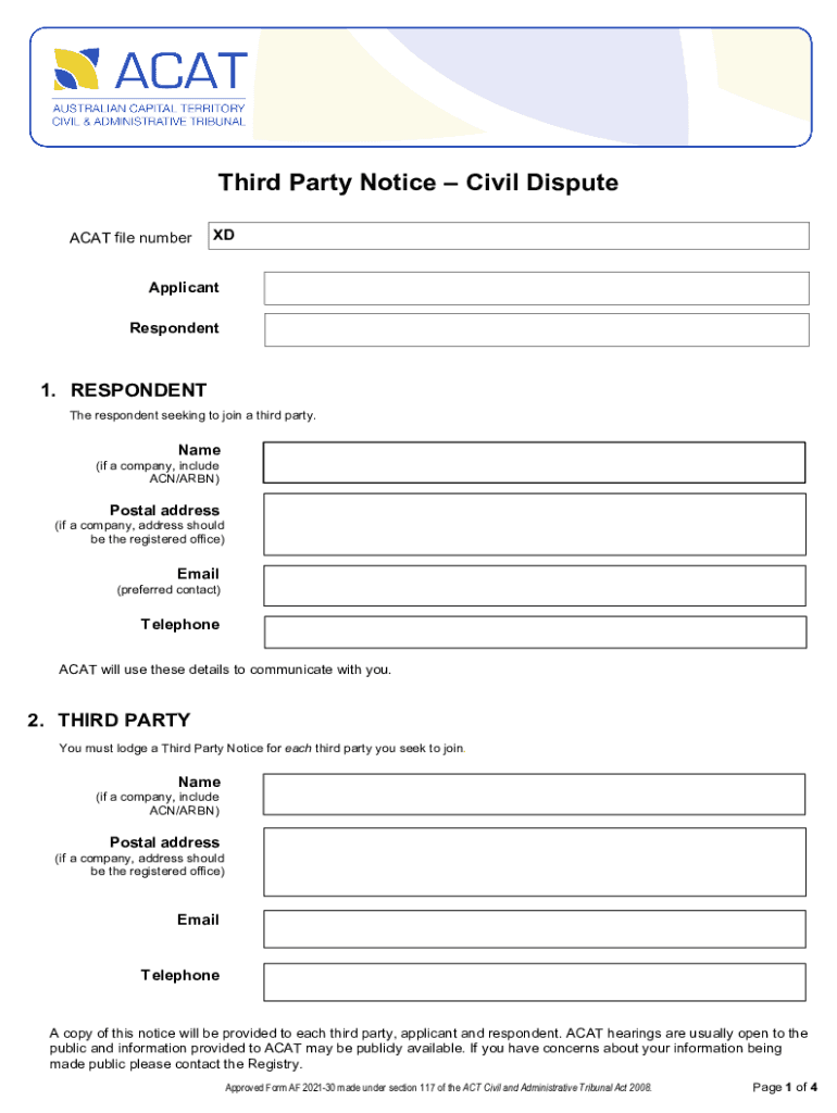 Fillable Online Third Party NoticeCivil Dispute. Form for third party notice in a civil dispute ...