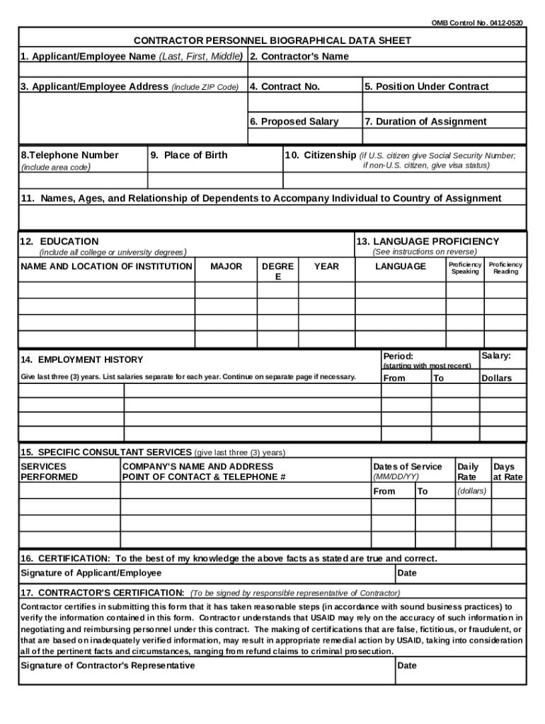 contractor employee biographical data sheet Doc Template | pdfFiller