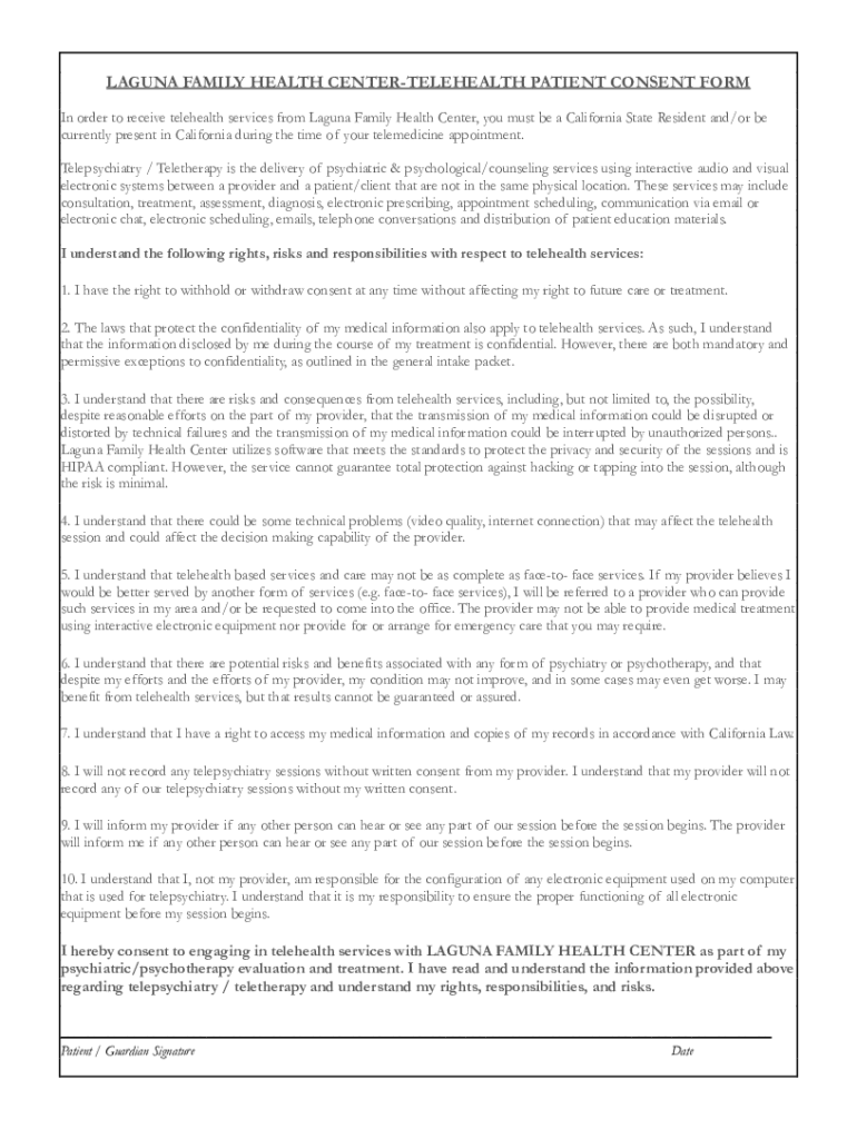 Fillable Online laguna family health center-telehealth patient consent ...