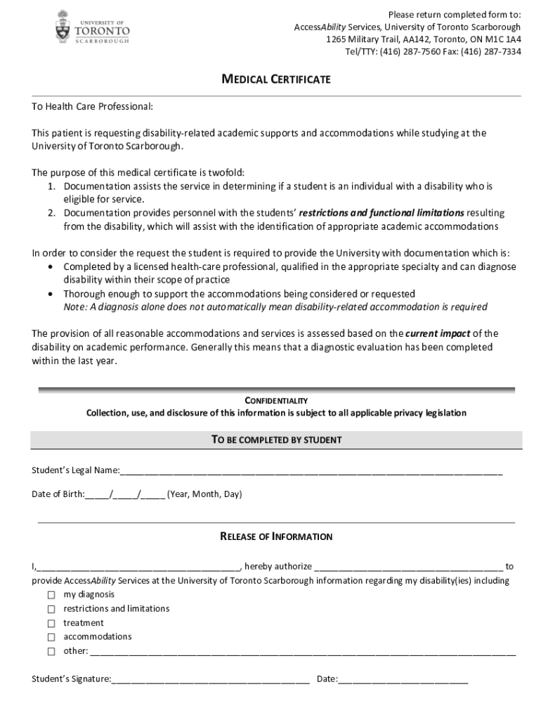 Fillable Online hive utsc utoronto CERTIFICATE OF DISABILITY - UofT ...