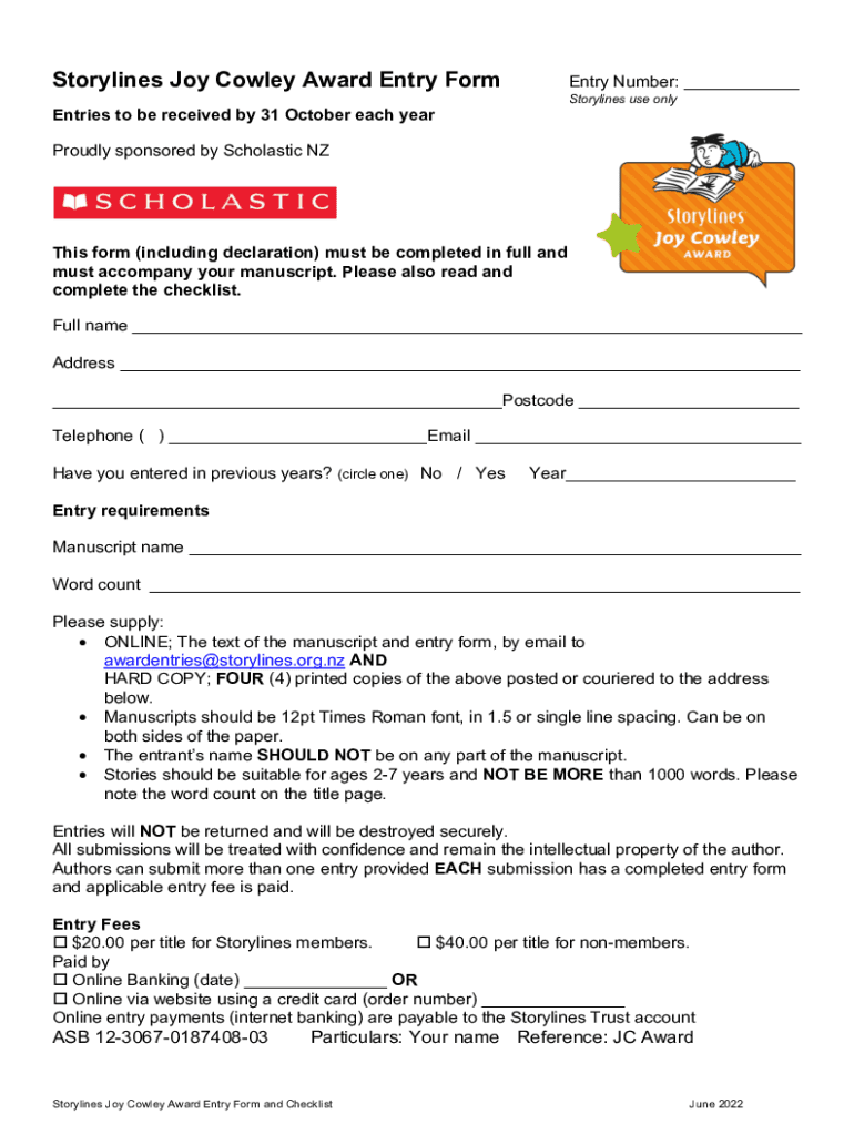 Fillable Online Storylines Joy Cowley Award Entry Form.docx Fax Email ...