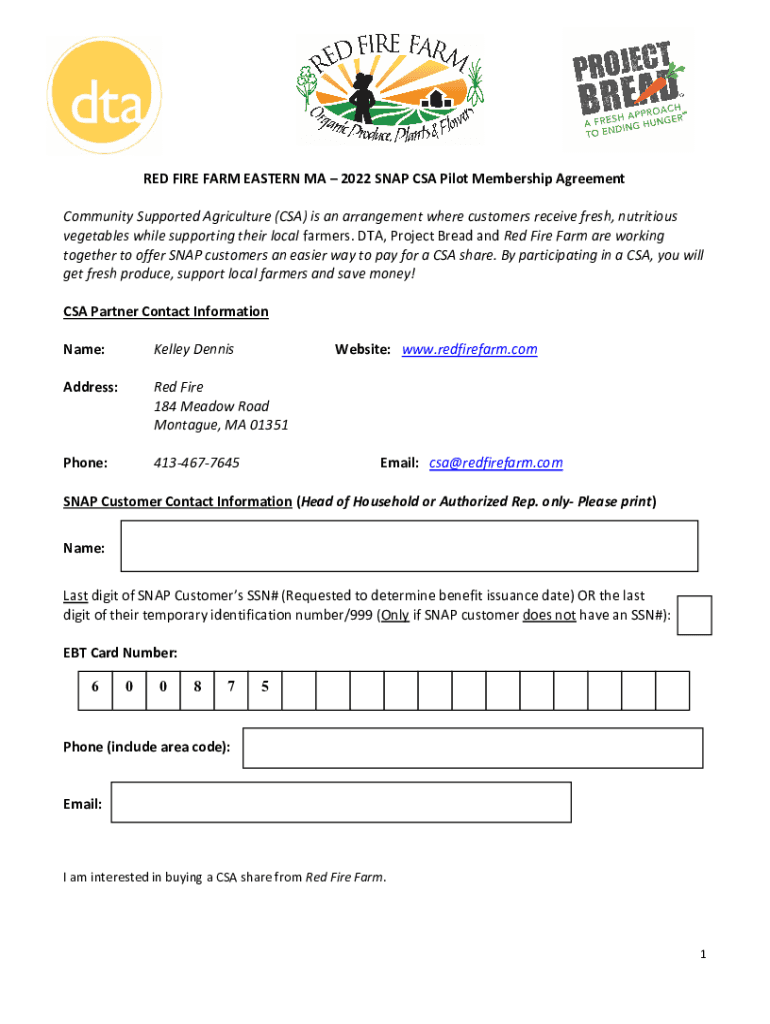 Fillable Online 2022 SNAP CSA Pilot Membership Agreement Community ... Fax Email Print - pdfFiller