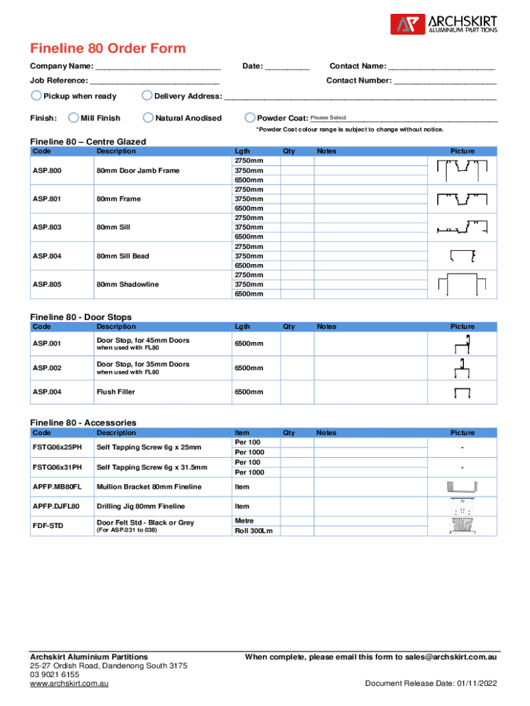 Fillable Online Fineline 80 Order Form - Archskirt Aluminium Partitions ...