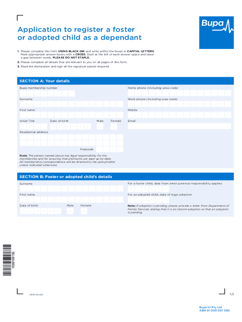 Fillable Online . Bupa Adopted Fostered Child App form Fax Email Print ...