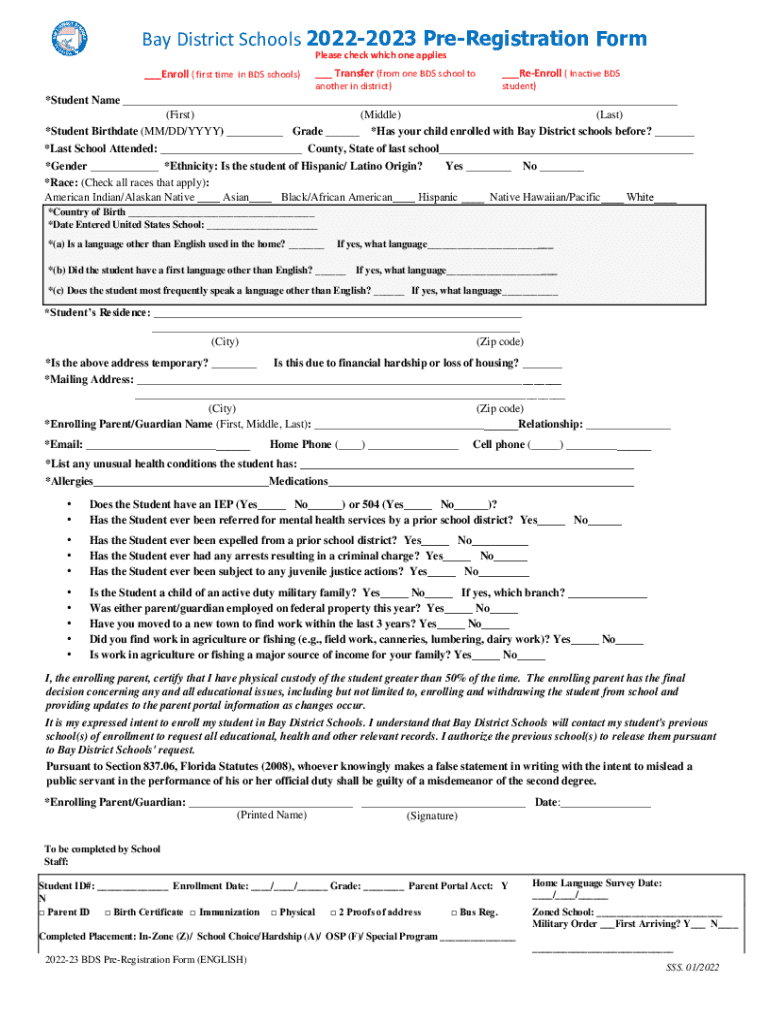 Fillable Online Bay District Schools 2022-2023 Pre-Registration Form Fax Email Print - pdfFiller