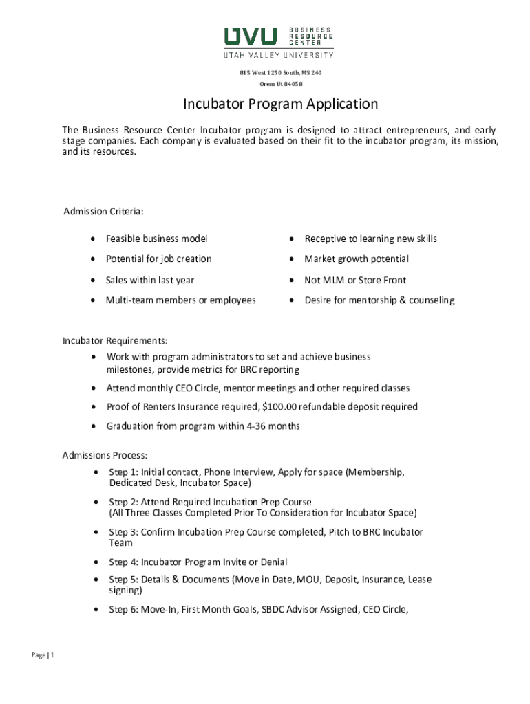 Fillable Online Incubator Program Application Fax Email Print - pdfFiller