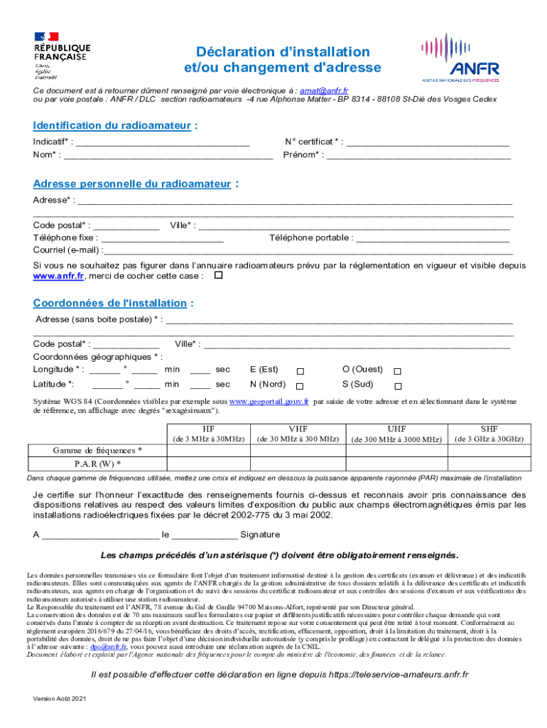 Fillable Online FORM DECLARATION INSTAL et CHGT ADR Aot 21 Fax Email ...