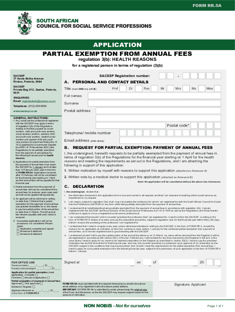 Fillable Online FORM RR.5B Application unemployed Exemption annual fees ...