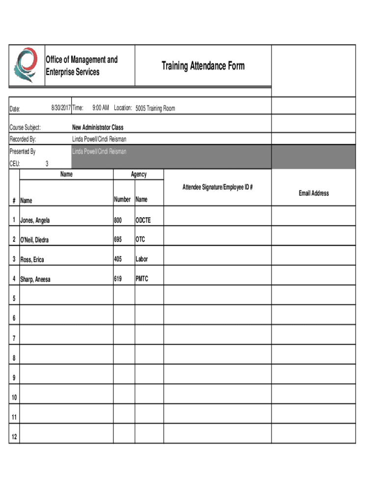 Fillable Online Training Attendance Form. Form used to record ...