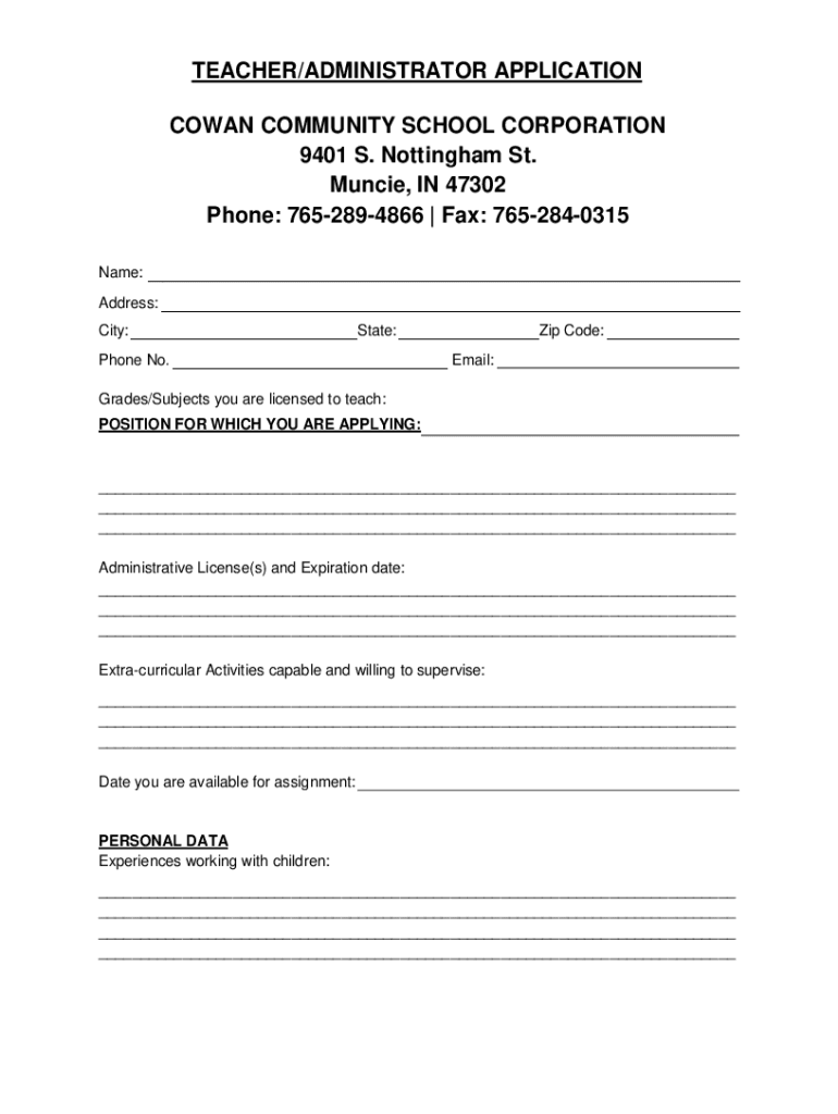 Fillable Online TEACHER/ADMINISTRATOR APPLICATION COWAN ... Fax Email ...