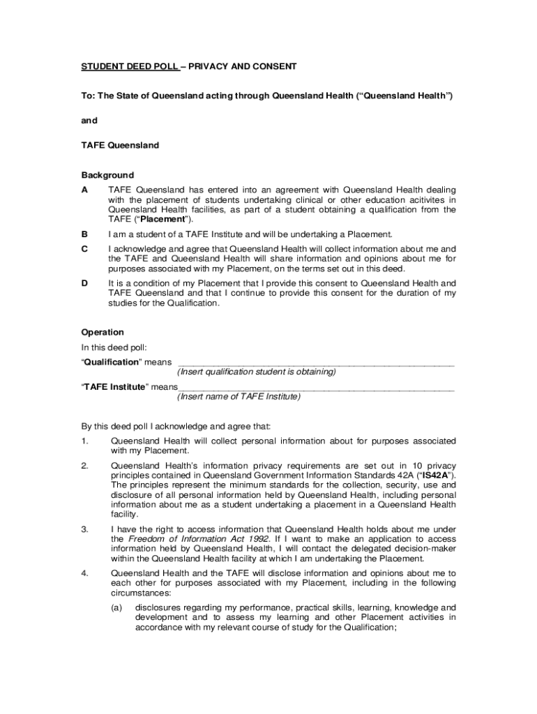 Fillable Online QHealth Student Deed Poll Agreement Fax Email Print ...