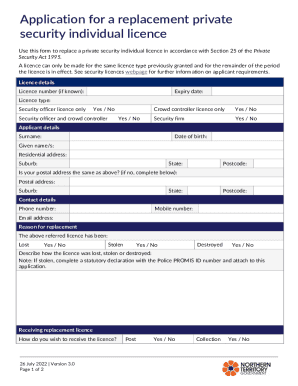 Fillable Online nt gov Application for a replacement private security individual licence Fax ...
