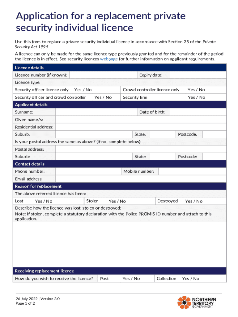 Fillable Online nt gov Application for a replacement private security ...