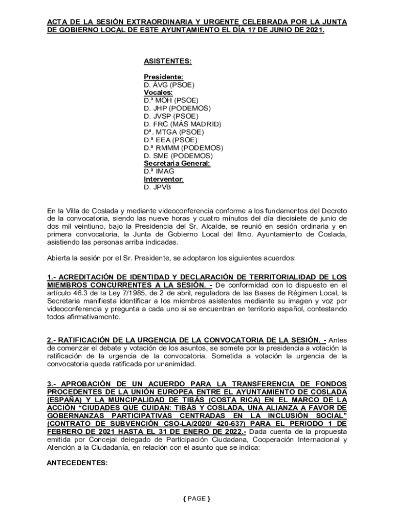 Fillable Online acta de la sesin ordinaria celebrada por la junta de gobierno ... Fax Email ...
