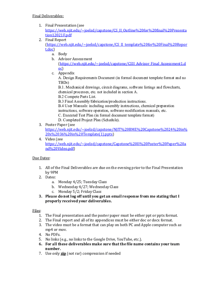 Fillable Online web njit Final Deliverables: 1. Final Presentation (see ...