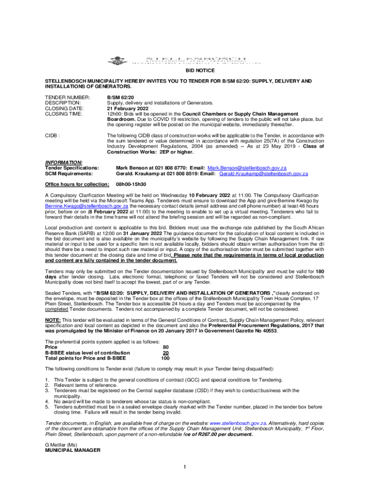 Fillable Online BID NOTICE, , STELLENBOSCH MUNICIPALITY HEREBY INVITES ...